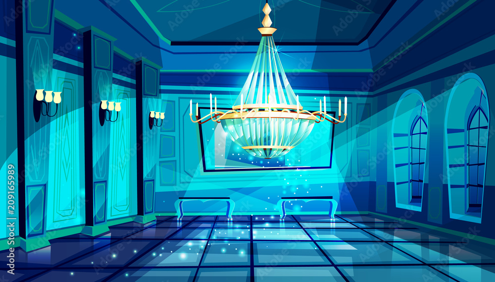 Ballroom in night vector illustration of palace hall with crystal ...