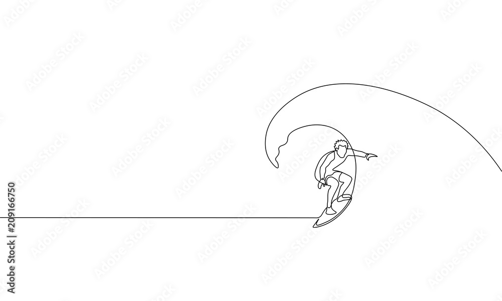 Single continuous one line art surfer vacation sea wave. Active sport ...