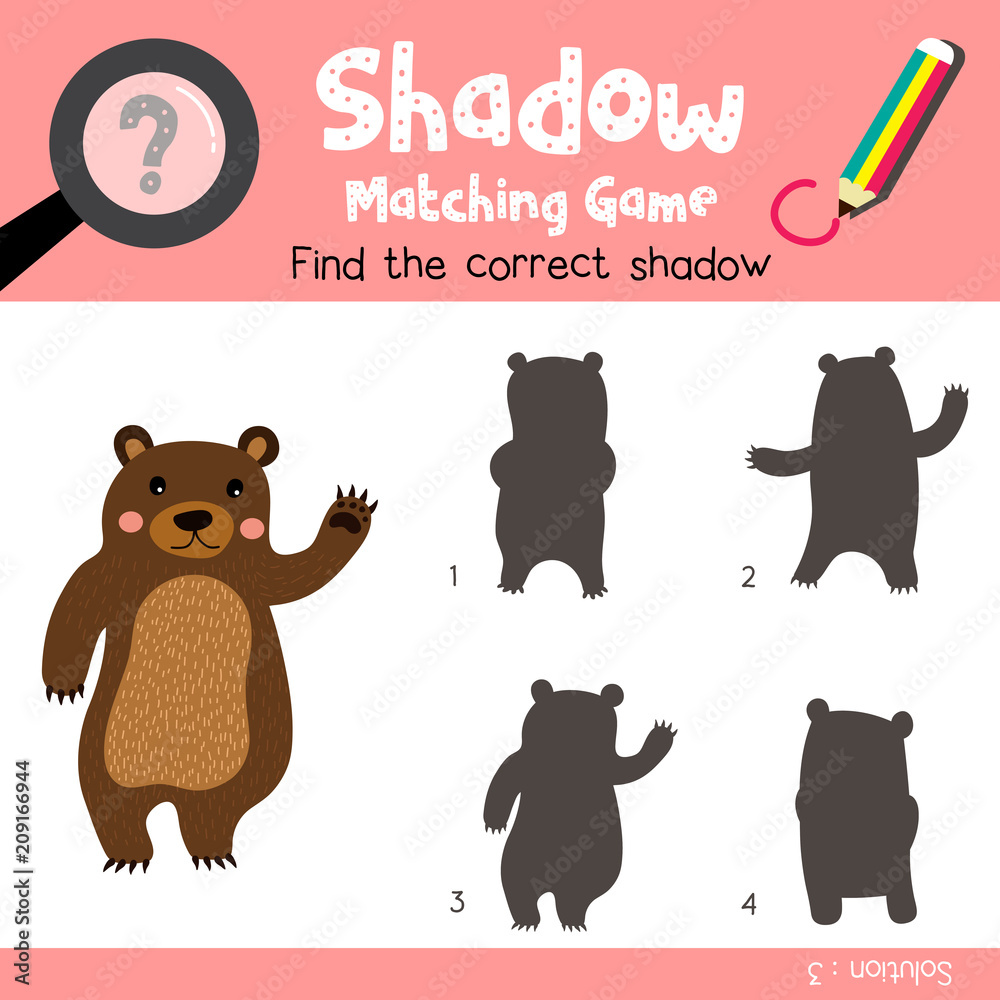 Shadow matching game of Standing Bear raising hand animals for ...