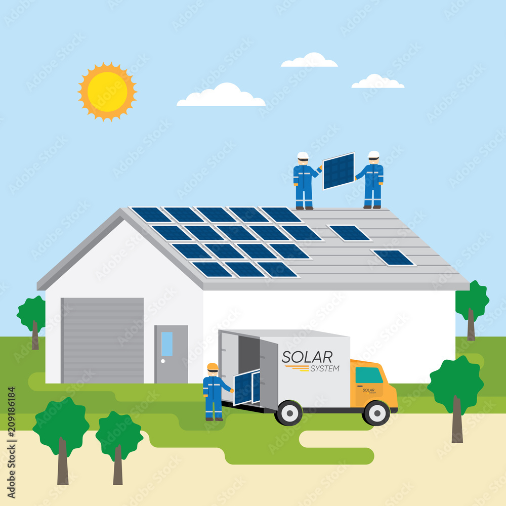 the man working installation solar cell on roof top Stock Vector ...