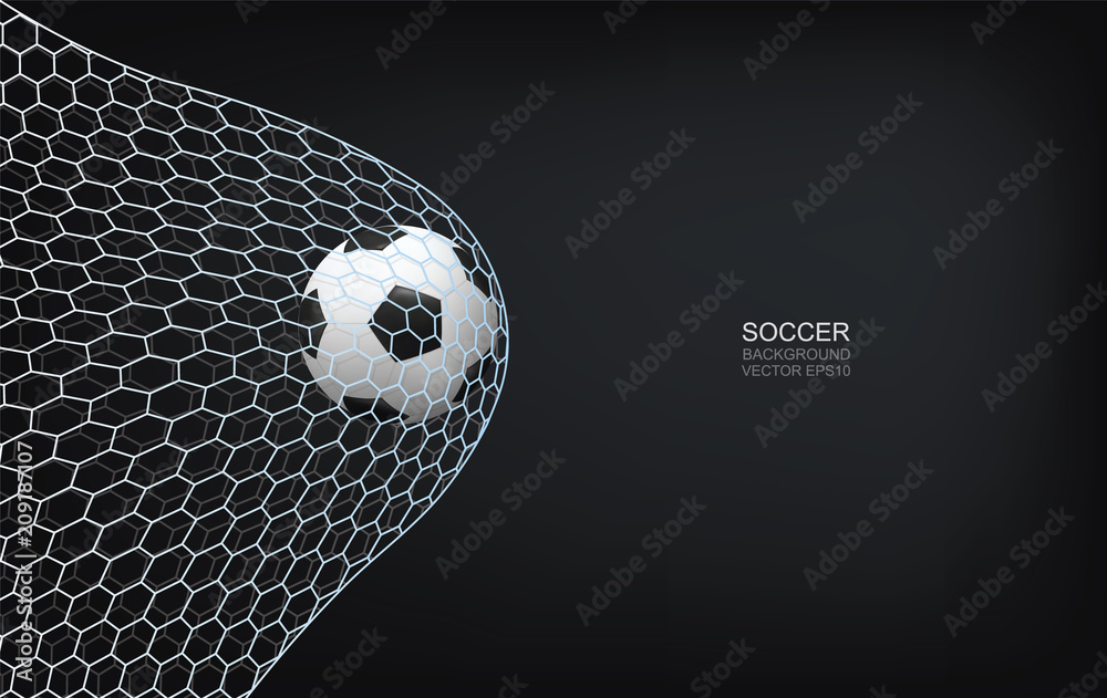 Soccer football ball and soccer net on black background with area for ...