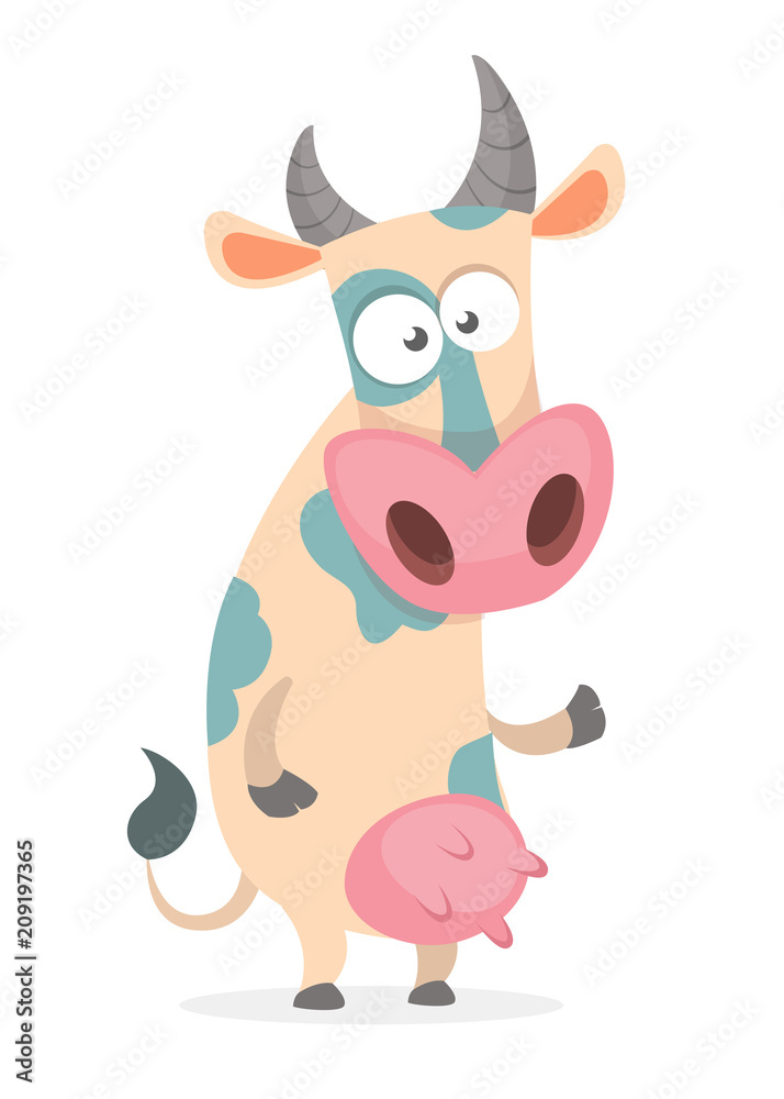 Funny cartoon cow character pointing on something isolated on white ...