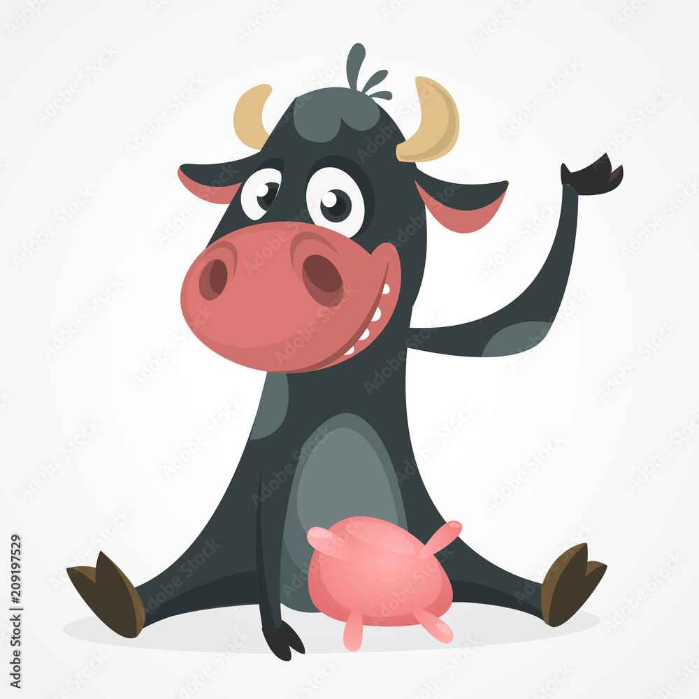 Funny black and white spotted cow character pointing to something ...