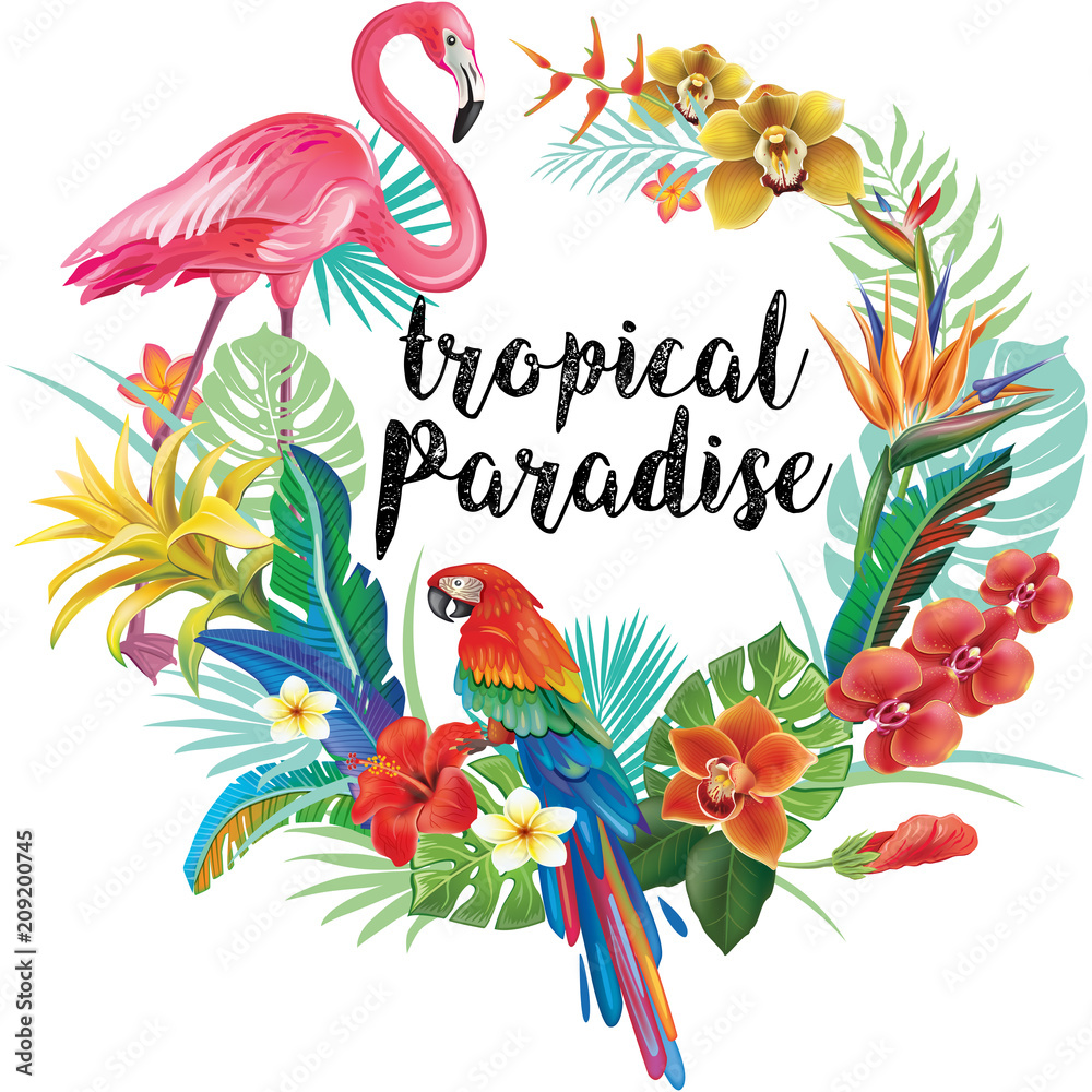 Round Border with Tropical Flowers and Birds Stock Vector | Adobe Stock