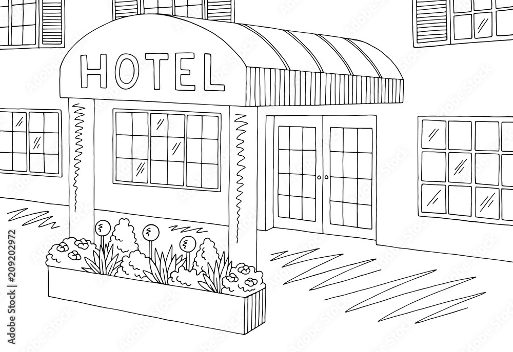 Stockvector Hotel exterior graphic black white sketch illustration ...