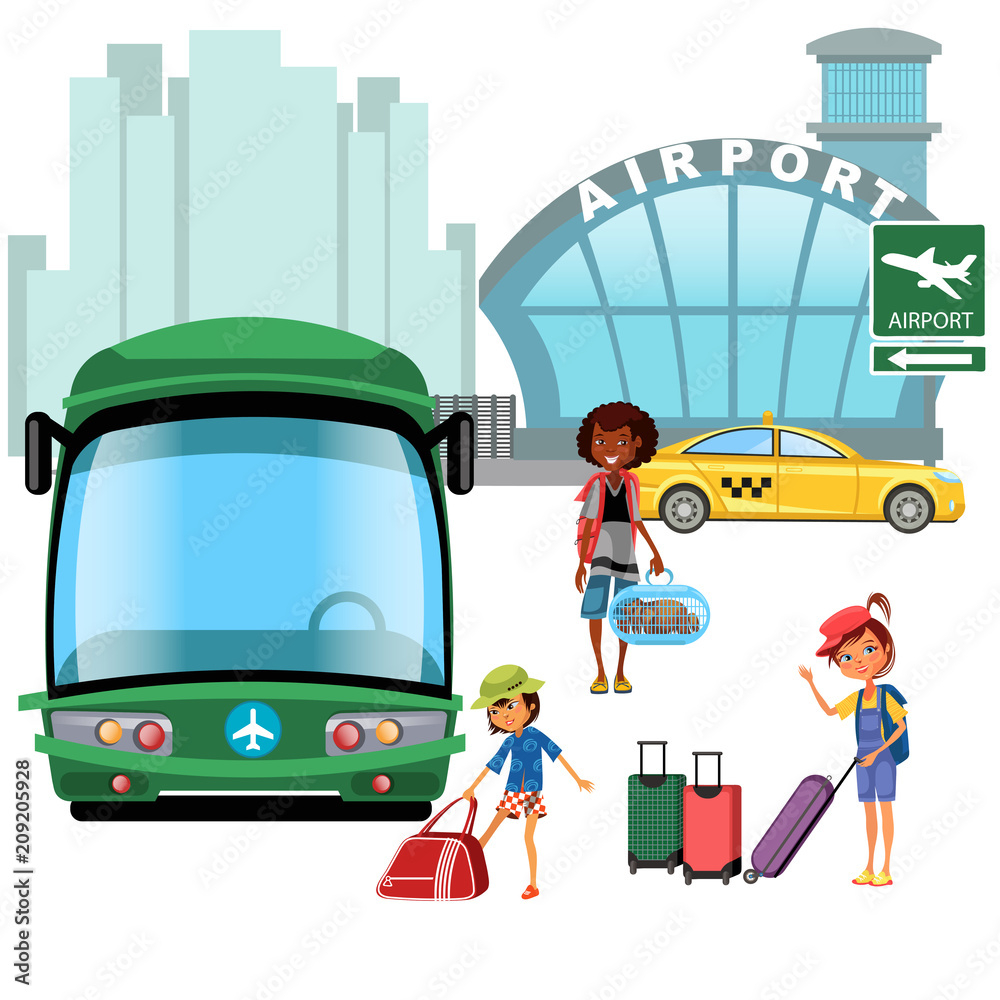 airport transfer, public transport like car and bus, happy family ...