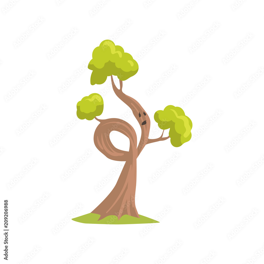 Cartoon tree with sad face expression. Humanized plant with green ...