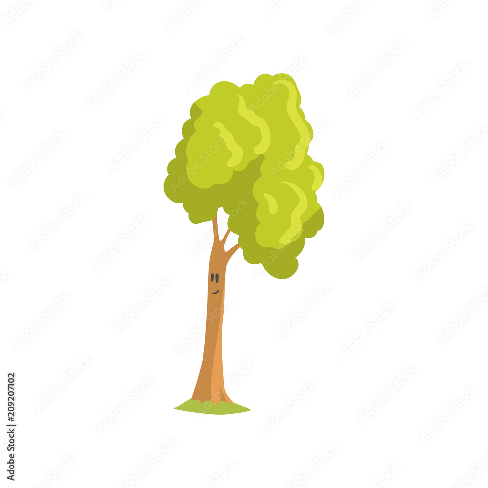 Tall tree with smiling face expression. Humanized forest plant with ...