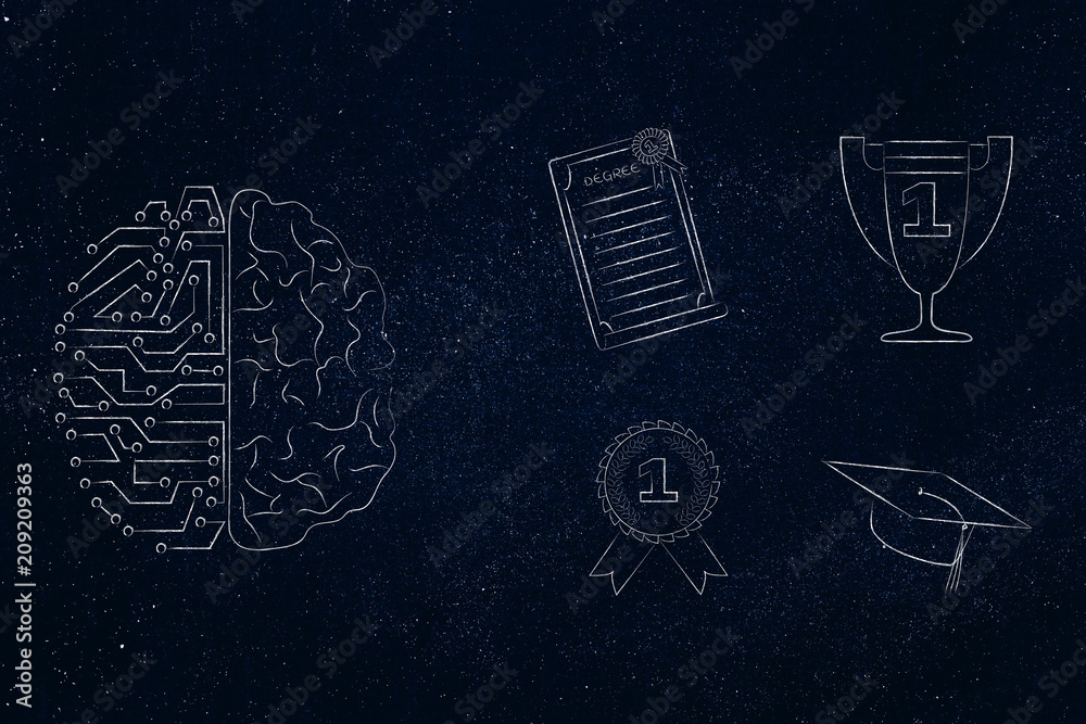 half digital half human brain next to group of education accomplishment ...