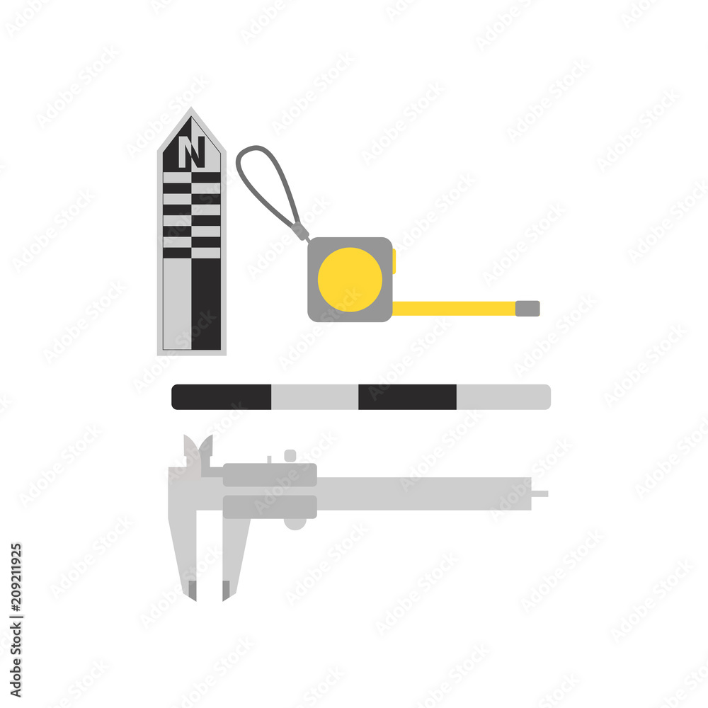 Flat vector set of tools for archaeological excavations. Measuring ...
