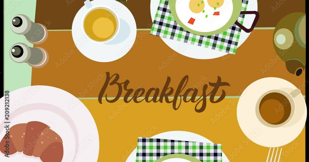 Top view breakfast flat animation with moving flat pattern of a classic ...