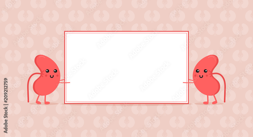 Couple of cute cartoon kidney characters holding blank, empty card ...