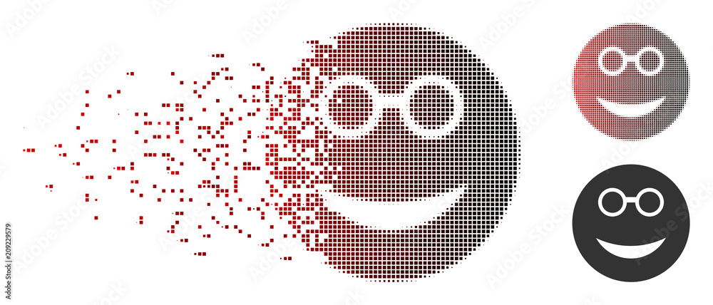 Vector clever smiley icon in dispersed, pixelated halftone and ...