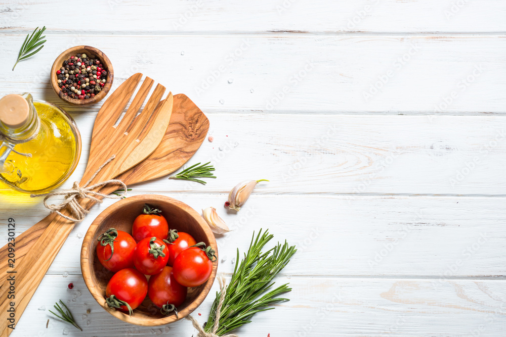 Food background on white wooden table. Stock Photo | Adobe Stock