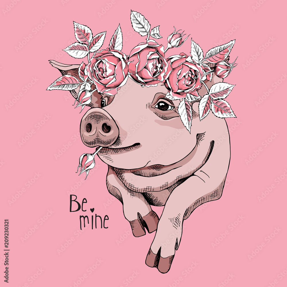 Pig in a flower Rose headband on a pink background. Vector illustration ...