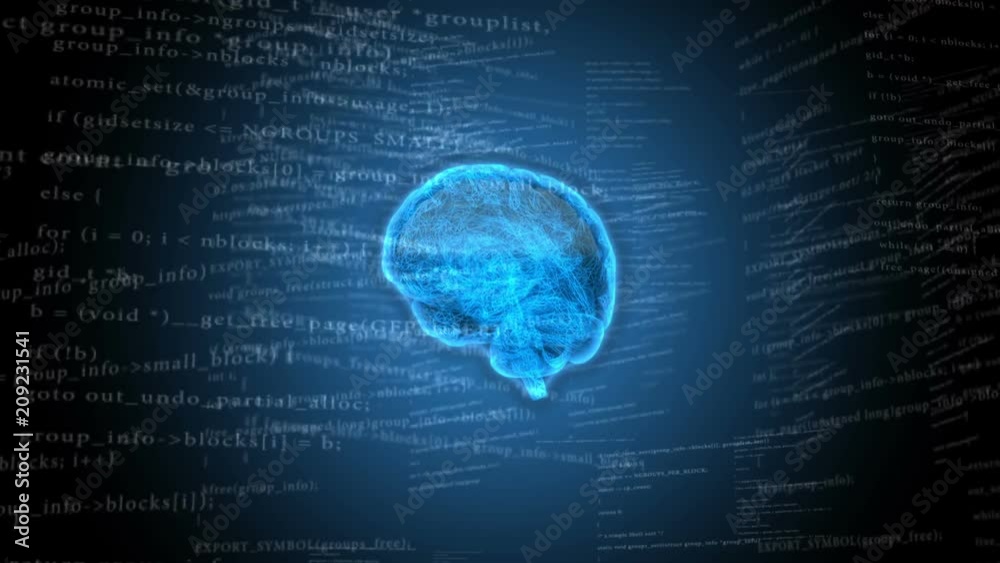 Rotation 3d model of the brain against the background of computer code ...