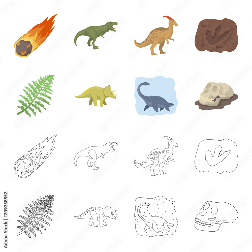 Sea dinosaur,triceratops, prehistoric plant, human skull. Dinosaur and ...