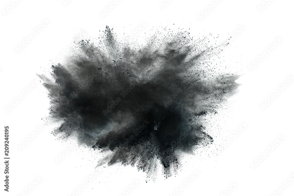 Black powder explosion. Closeup of black dust particles splash isolated ...