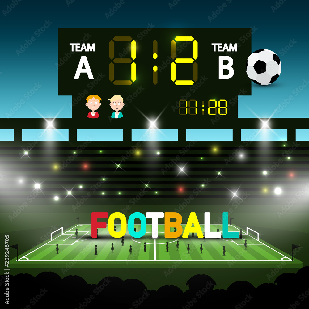 Football Team Match on Soccer Stadium. Evening Vector Sceen with ...