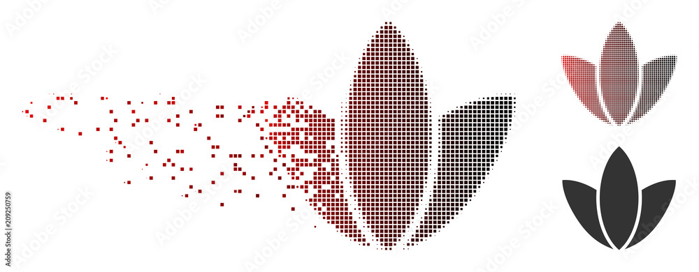 Vector flower icon in dispersed, pixelated halftone and undamaged whole ...
