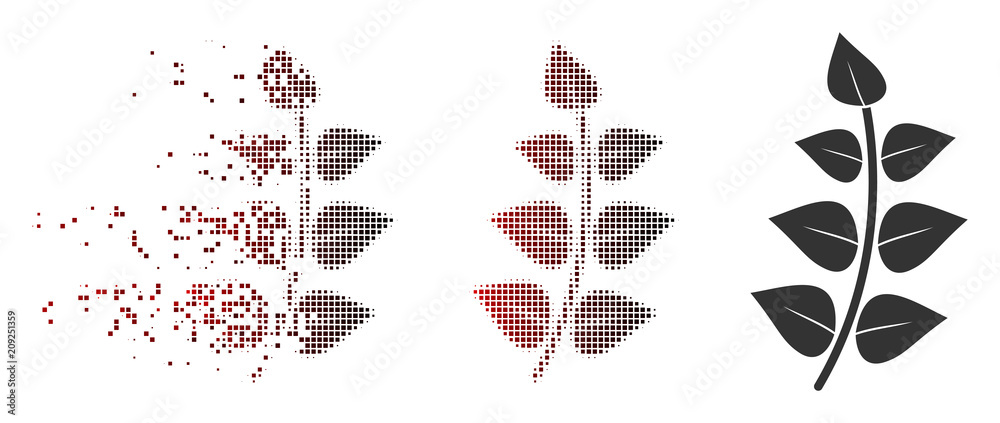 Vector leaf branch icon in dissolved, pixelated halftone and undamaged ... Vector leaf branch icon in dissolved, pixelated halftone and undamaged ...