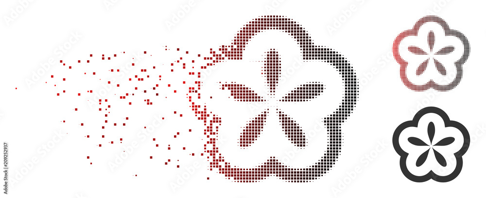 Vector flower icon in fractured, pixelated halftone and undamaged solid ...
