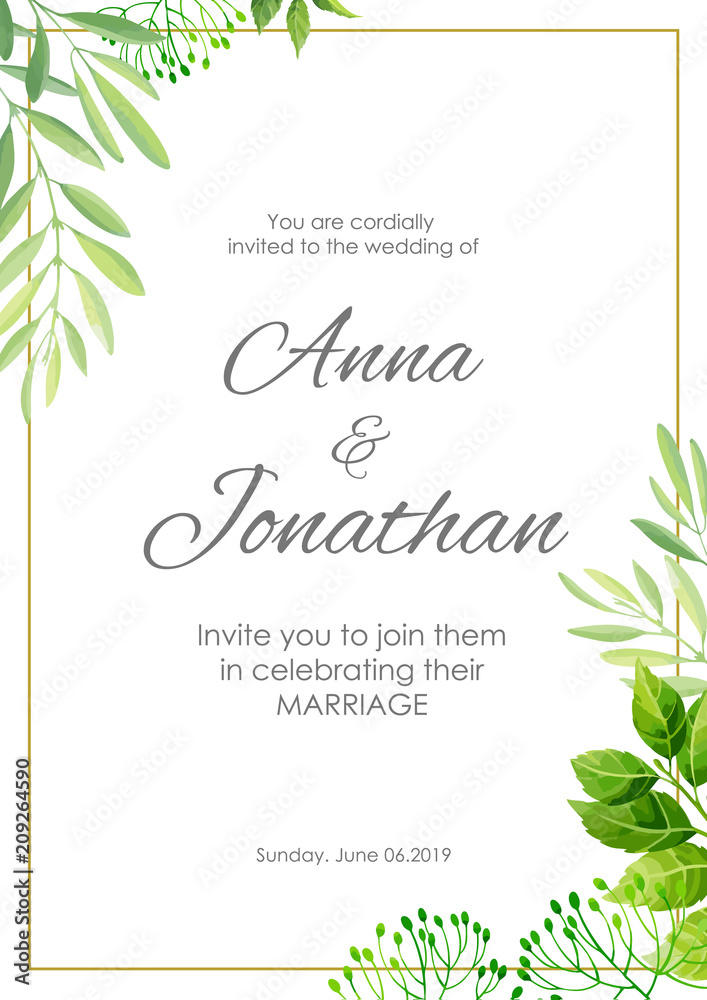 Wedding invitation with green leaves border. Floral invite modern card ...