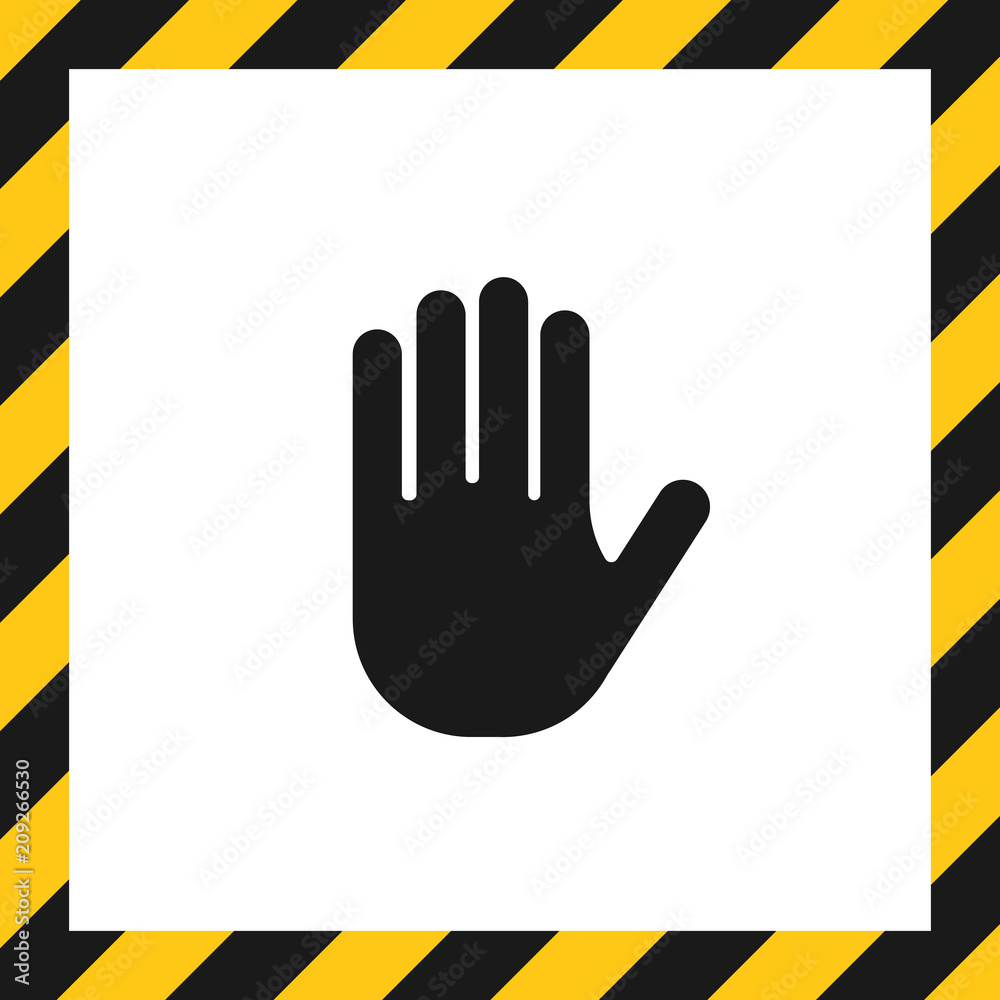 Stop hand sign in striped black and yellow frame isolated on white ...