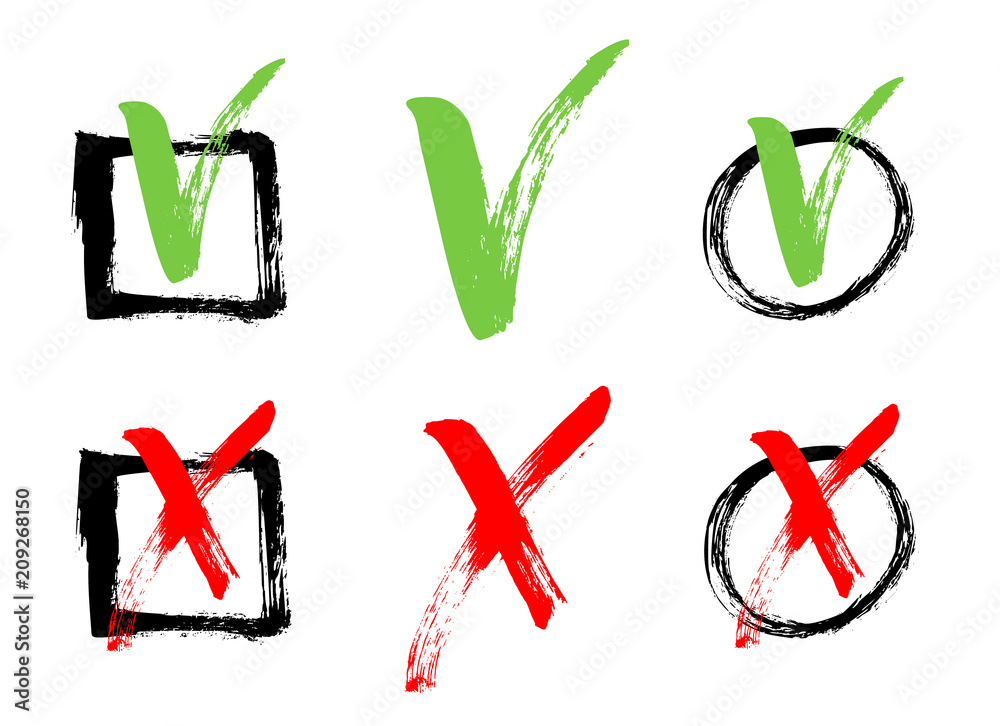 Red cross and green tick grunge set for web sites. Right and Wrong ...