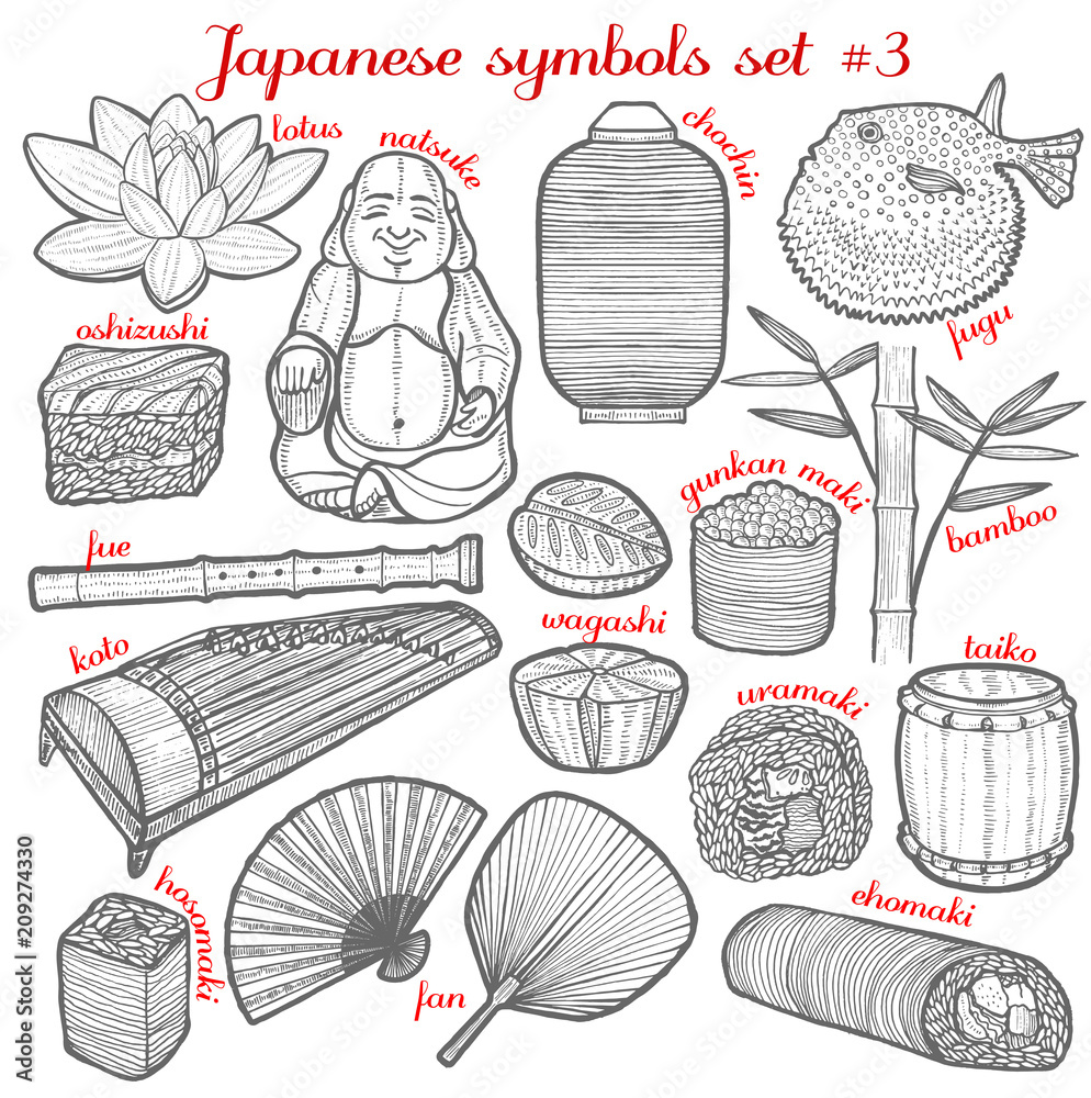 Set of Japanese symbols in Hand-Drawn Style Stock Vector | Adobe Stock