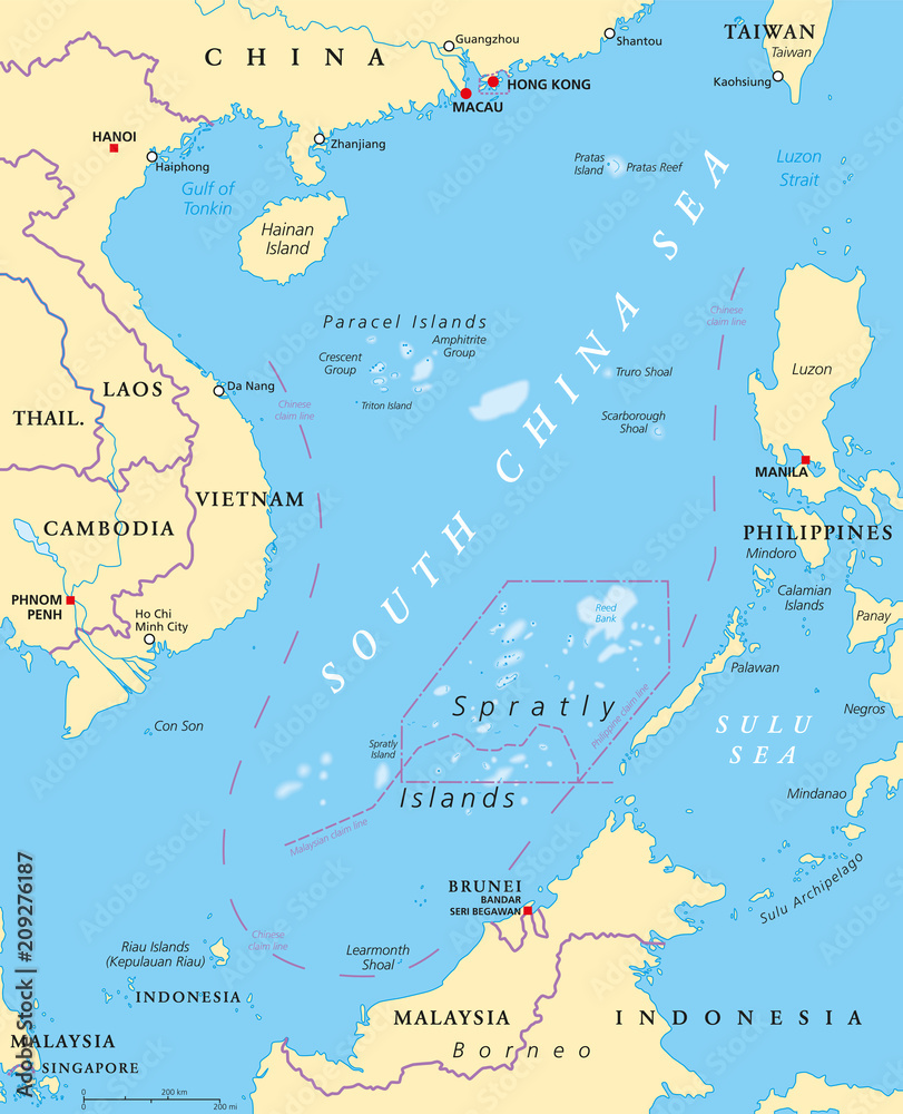 South China Sea Islands, political map. Islands, atolls, cays, shoals ...