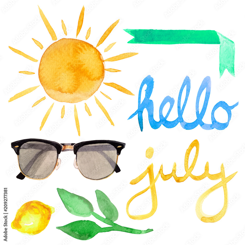 Watercolor illustration of summer symbols like yellow sun, sunglasses ...