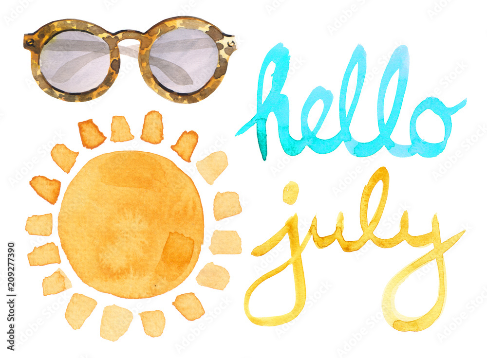 Watercolor illustration of summer symbols like yellow sun, sunglasses ...