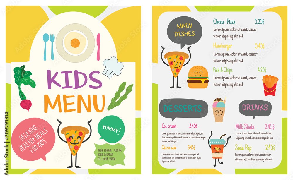 Cute colorful kids meal menu vector template Stock Vector | Adobe Stock
