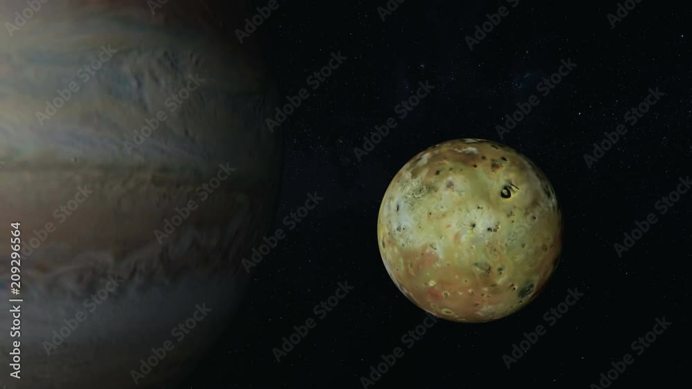 Io moon and Jupiter. Orbiting the planetary moon Io with Jupiter in ...