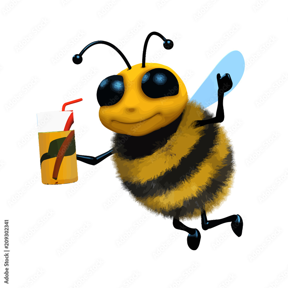 Vector 3d Funny cartoon honey bee character drinking juice from a glass ...