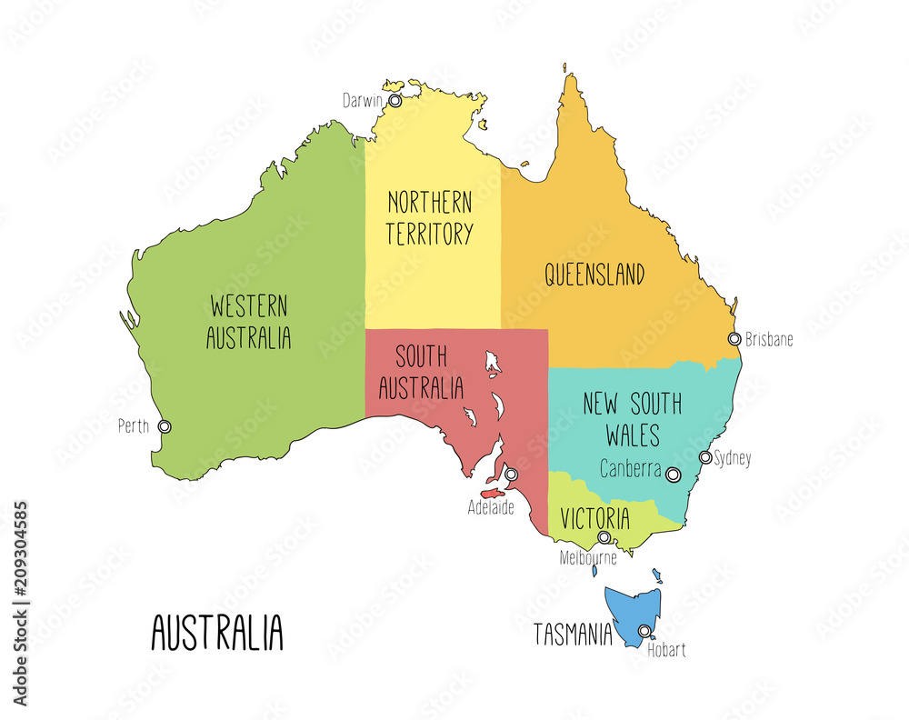 Vector map of Australia. Colorful sketch illustration with territories ...