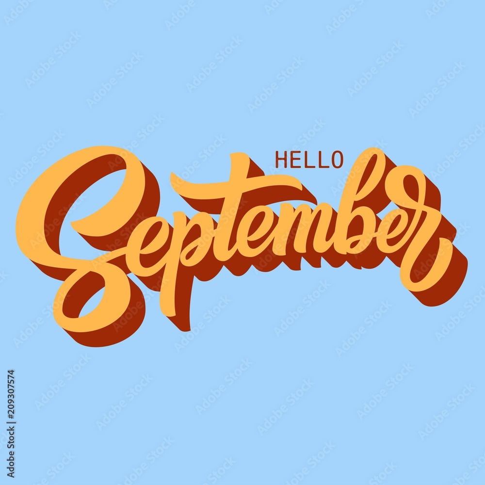 Hello September hand lettering, custom brush calligraphy with 3d shadow ...