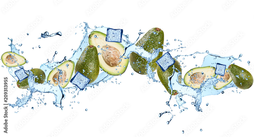 Water splash with avocado isolated on white background. Splash with ...