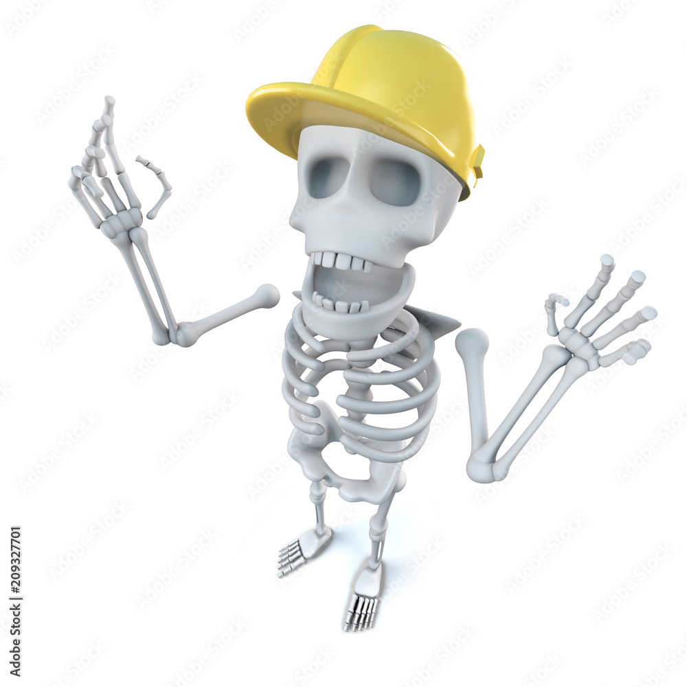 Vector 3d Funny cartoon skeleton character wearing a construction hard ...