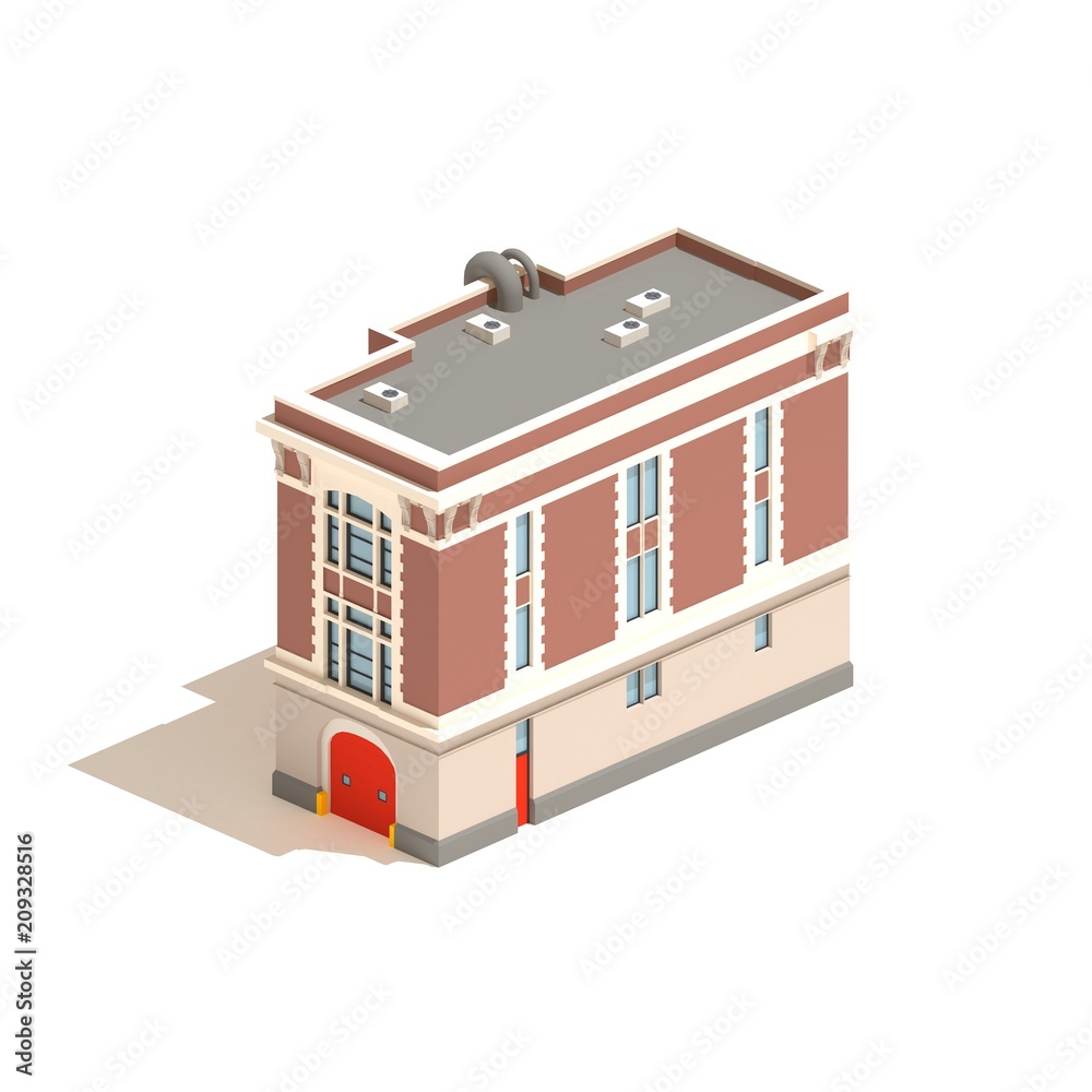 Flat 3d model isometric fire station isolated on white background Stock ...