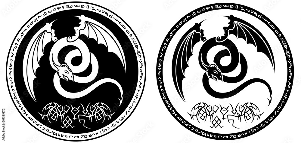 Winged serpent fantasy black&white emblem/ Illustration round emblem ...