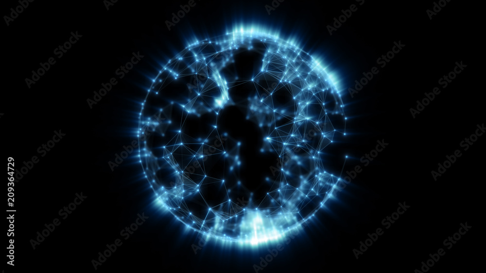Animated rotating abstract blue radiant sphere constructed with glowing ...
