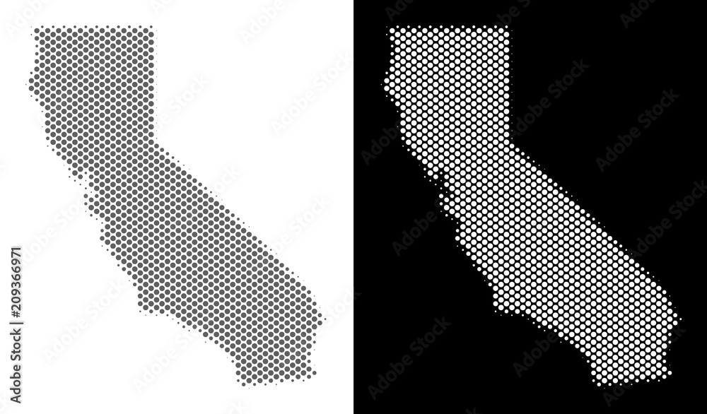 Halftone circle spot California map. Vector territorial maps in grey ...