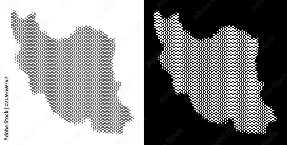 Halftone circle dot Iran map. Vector territorial maps in grey and white colors on white and ...