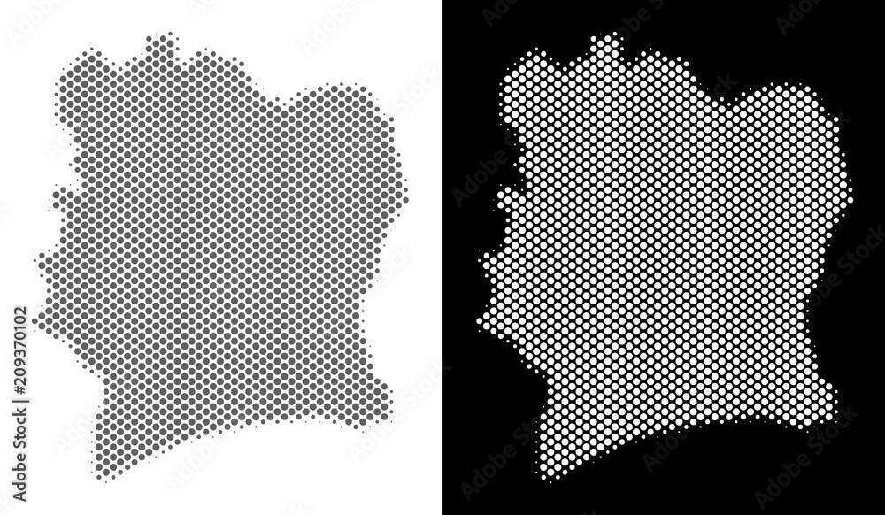 Halftone round spot Ivory Coast map. Vector territory maps in gray and ...