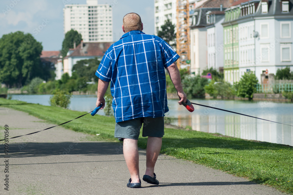 fat man walking with dogs in border water on back view Stock Photo ...