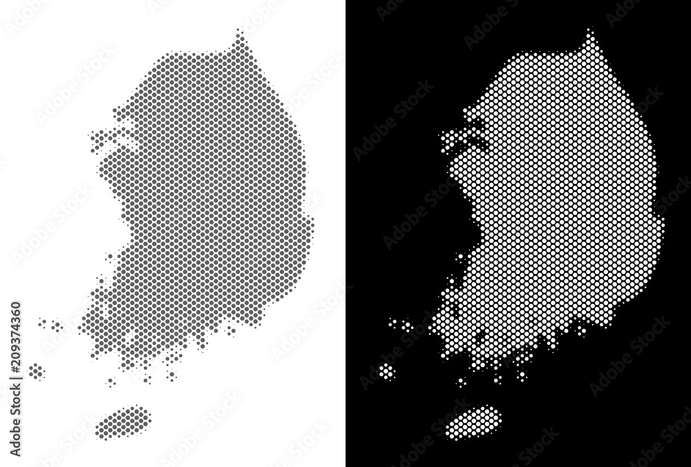Halftone round spot South Korea map. Vector territory maps in grey and ...
