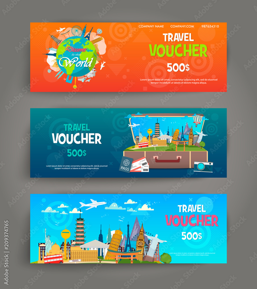 Vector set of gift travel voucher. Template for a festive gift card ...