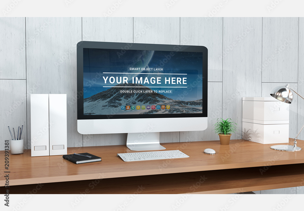 Modern Office Desktop with Computer Stock Template | Adobe Stock